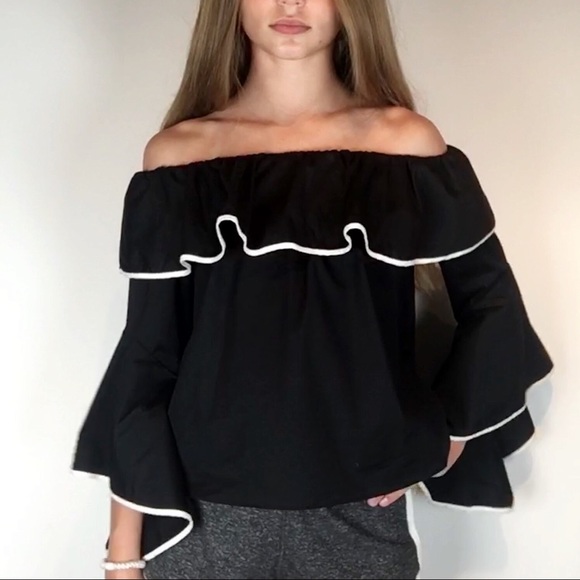 Zara | Tops | Zara Off The Shoulder Ruffle Top Blackwhite S | Poshmark